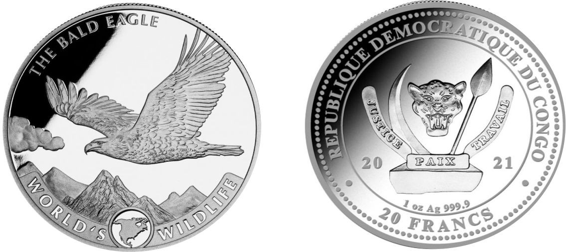 Nopirkt Congo 1 Oz silver 2021 - World's Wild Life - The Bald Eagle